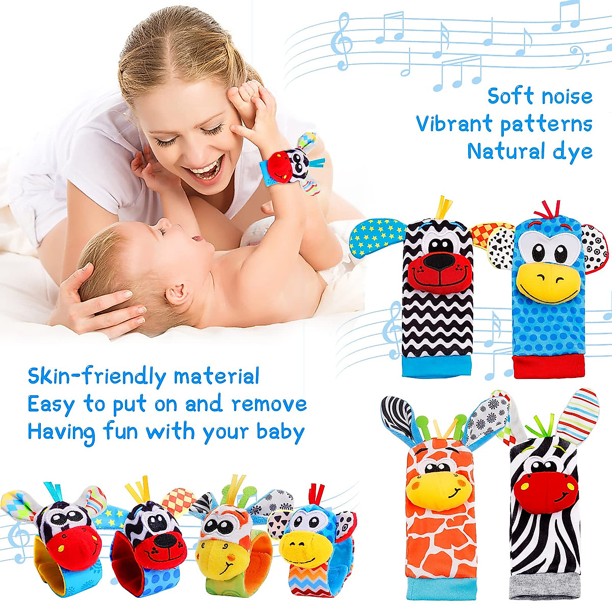 Baby Wrist Rattles Sock Toys - Newborn Baby Sock Toys 0-6 Months, 8PCS Soft Foot Finder and Wrist Rattle Set, Hand and Feet Rattles for Babies, Sensory Developmental Socks for Infants Girl Boy Gifts