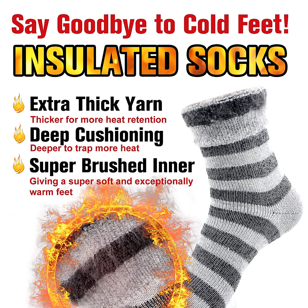 Busy Socks Winter Warm Thermal Socks for Men Women Extra Thick Insulated Heated Crew Boot Socks for Extreme Cold Weather, Large, 1 Pair Light Grey Striped