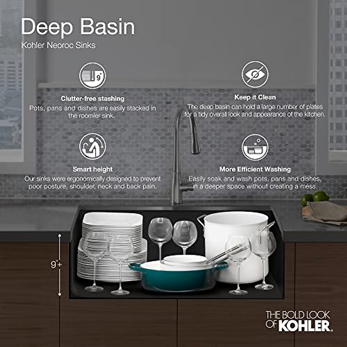 KOHLER Neoroc Undermount Double Bowl Kitchen Sink, Composite Sink with Smart Divide, 33" Double Offset Bowl with Sink Racks