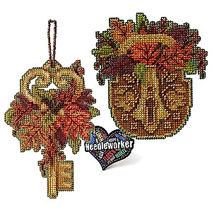 Mill Hill Antique Lock and Key Counted Cross Stitch Kits, Set of 2 - Autumn Themed Ornaments Plus 'Needleworker' Sticker