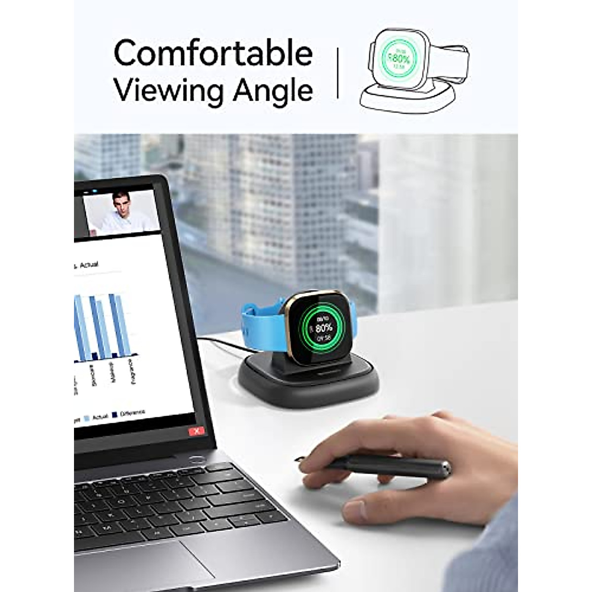 NEWDERY Charger Dock for Fitbit Sense 2/Sense/Versa 4/Versa 3, Magnetic Watch Charger Stand with Charging Cable, Charger Replacement Accessories for Fitbit Sense 2/Sense/Versa 4/Versa 3, Black