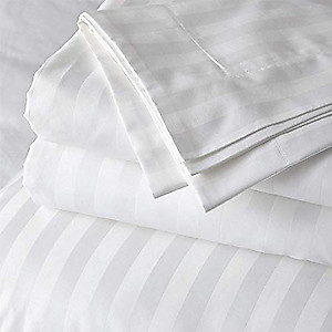 Extra Deep Sheets-Cotton Bed Sheets - 100% Cotton - 400 Thread Count - 22 Inch Extra deep Pocket Fitted Sheet with Elastic All Around (4 Pcs Sheet Set) - (White Stripe - Queen Size)