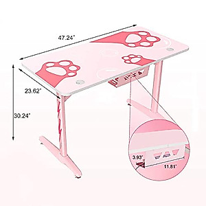 DoubleWin Pink Gaming Desk, 47 inch Gaming Table I Shaped Gaming Computer Desk for Girls, Home Office PC Computer Table Gaming Desk Pink with Cup Holder Headphone Hook and Gaming Handle Rack