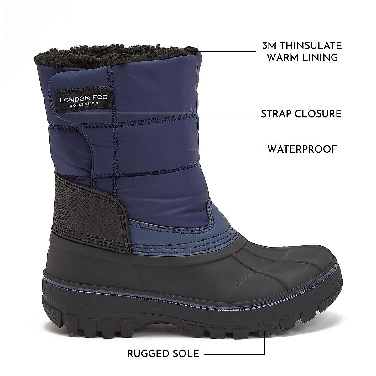 LONDON FOG Jett Waterproof Boys, Girls & Toddler Snow Boots for Kids - Insulated Warm Fleece Lined Girls & Boys Winter Boots - Navy Blue, 2 Little Kid