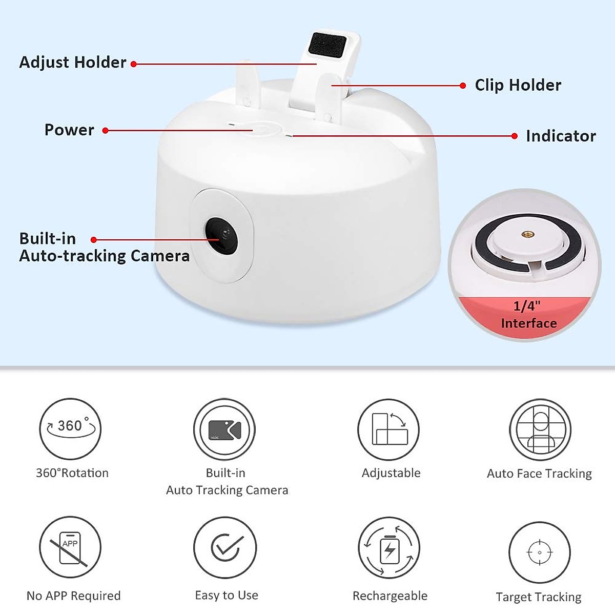 Auto Tracking Smart Shooting Holder【NO APP Required】 360°Rotation Auto Face Selfie Stick, Suitable for Phone, Tablet - Cell Phone Camera Mount for Tripod Stand - Idea for Live Streaming, Live Video