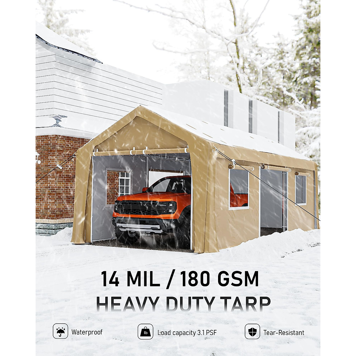 DEXSO Carport 13'x20' Heavy Duty Portable Garage, 1.0 mm Steel Poles & 180 g PE Waterproof Canopy, with Front & Rear Doors, 2 Side Doors, and 4 Windows, for Pickup Truck, and Boat, Khaki