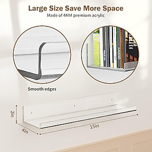 Set of 8, Acrylic Shelves for Bathroom Organizer, 15" Adhesive Clear Floating Shelves for Wall Storage, No Drill Book Wall Shelves