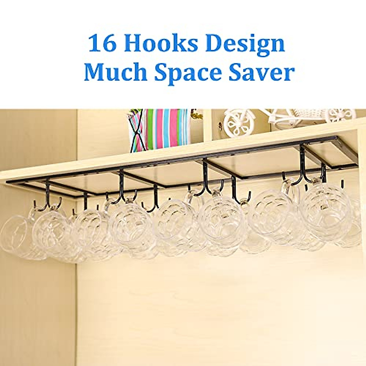 Drstarful Under Cabinet Hooks for Mugs, 16 in 1 Large Coffee Bar Mug Rack, Under Shelf Durable Metal Mug Hanger Holder for Coffee Cup Display, Hanging & Drying, Easy to Mount, Screws Included