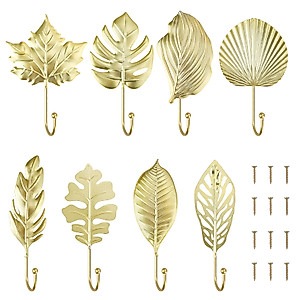 HOSTK 8pcs Decorative Wall Hooks, Gold Leaves Wall Mounted Hangers, Plant Modern Coat Hat Towel Clothing Key Holder for Home Bedroom Bathroom Kitchen Office Entryway Living Room
