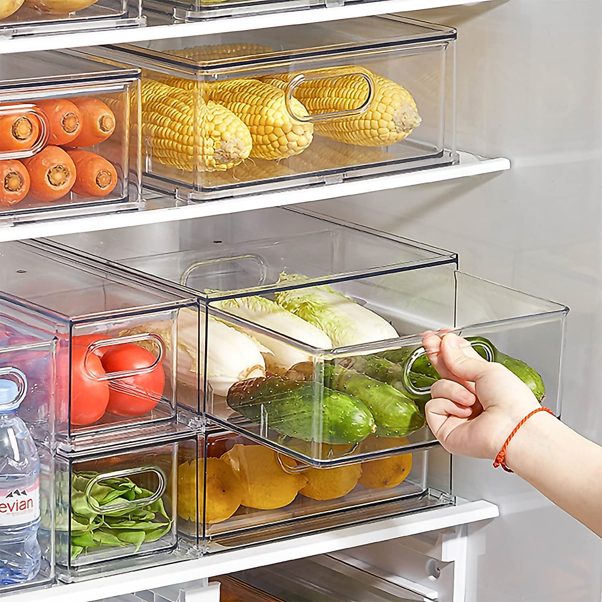 MANO 2Pack Clear Fridge Drawers Pull Out Stackable Refrigerator Drawer Organizer Bins Pantry Storage Box Plastic Food Containers for Kitchen Bathroom Office Closet (X-Large)