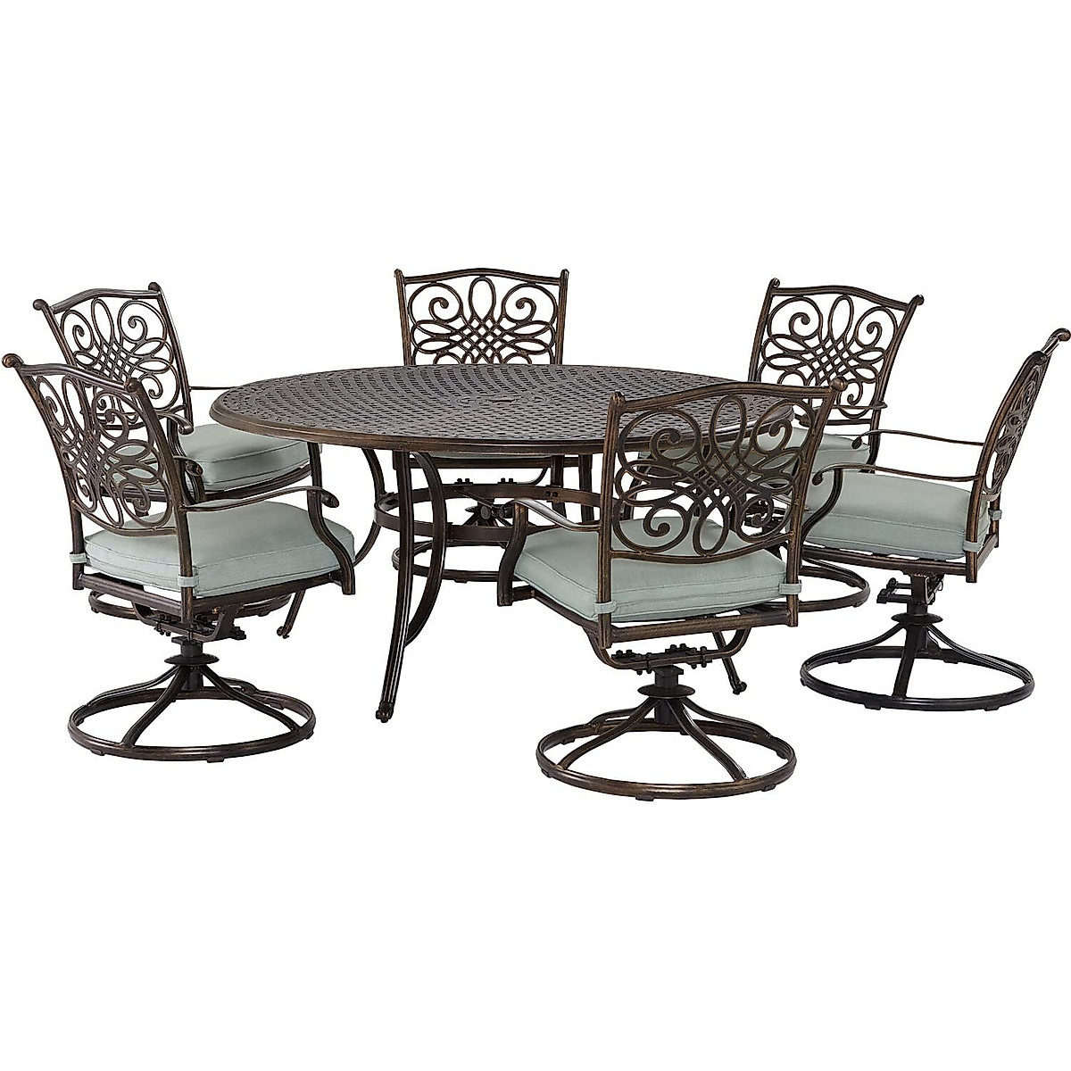 Hanover Renditions 7 Piece Outdoor Dining Set with Sunbrella® Fabric and Elegant 60" Round Patio Table with 6 Comfortable Swivel Chairs and Rust, UV, and Weather-Resistant Aluminum Frames in Mist