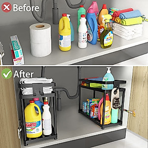 FLE Under Sink Organizer, 2 Tier Metal Under Bathroom Sink Storage Baskets with Hooks, Self Adhesive Black Under Sink Shelf Organizer for Bathroom Kitchen