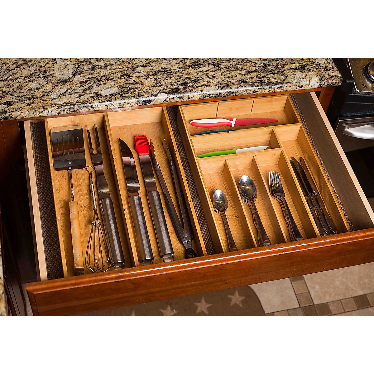BirdRock Home 2 pc Bamboo Utility Drawer Organizer – Utensil Silverware – Spoon Knife Fork –18 Inch – Large – Natural Wood – Tray – Adjustable Kitchen Organization