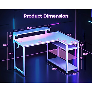 MOTPK White L Shaped Gaming Desk with Power Outlet, Reversible Computer Desk with Height Adjustable Monitor Stand, Coner Desk 43inch with LED Lights, Home Office Desk