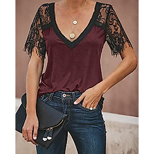 VNK Womens Lace Short Sleeve Shirts V Neck Casual Summer Tops Loose Fit Fashion Blouses Ladies Sexy Tshirts 2023 Wine Red Large