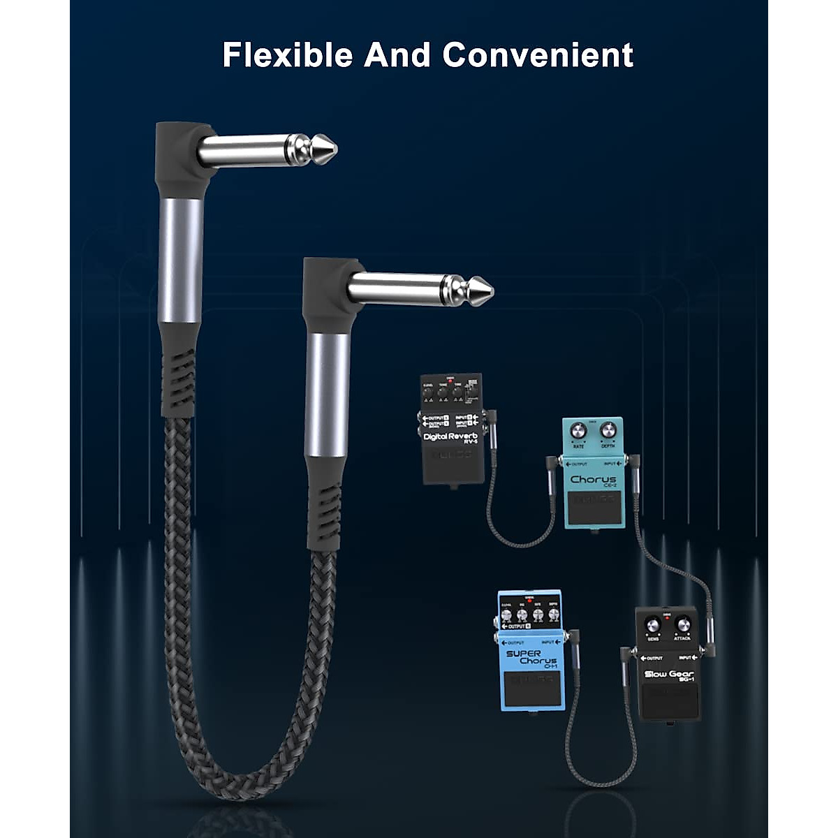 Elebase Guitar Pedal Patch Cables 6-Pack, 6 Inch 6.35MM Effects Pedal Board Cord 1/4'' Right-Angle Braided Flat Audio Cable Shielded TS Copper Male Connector for Microphone Amp/Amplifier Mixer