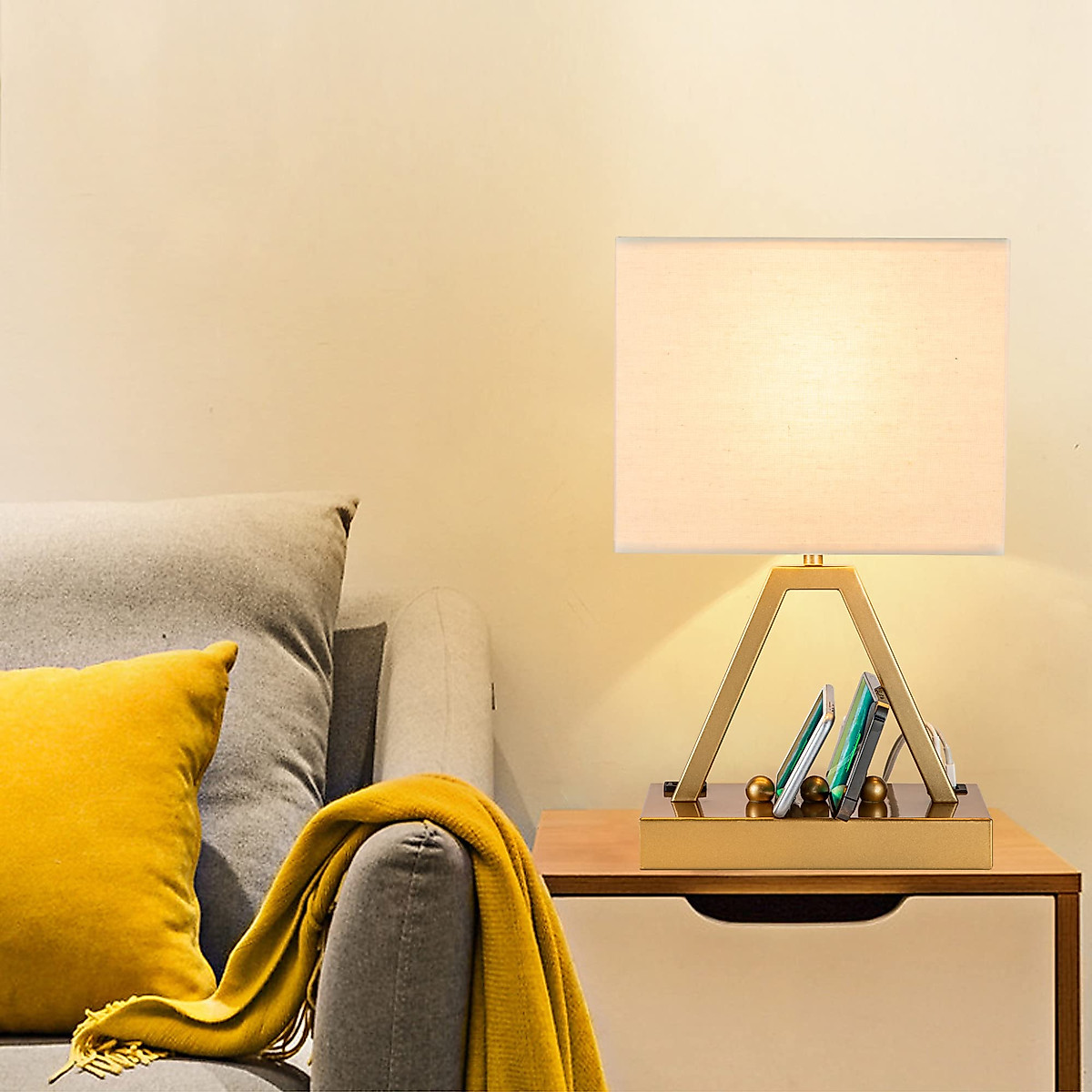 Briever USB Touch Control Table Lamp, 3-Way Dimmable Desk Lamp with USB C & USB A and AC Outlet, Bedside Lamp with Phone Stand and Fabric Shade for Bedroom, Living Room,Bulb Included, Gold