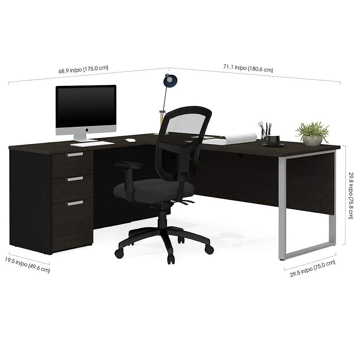 Bestar Pro-Concept Plus L-Shaped Desk with Drawers, Deep Grey & Black
