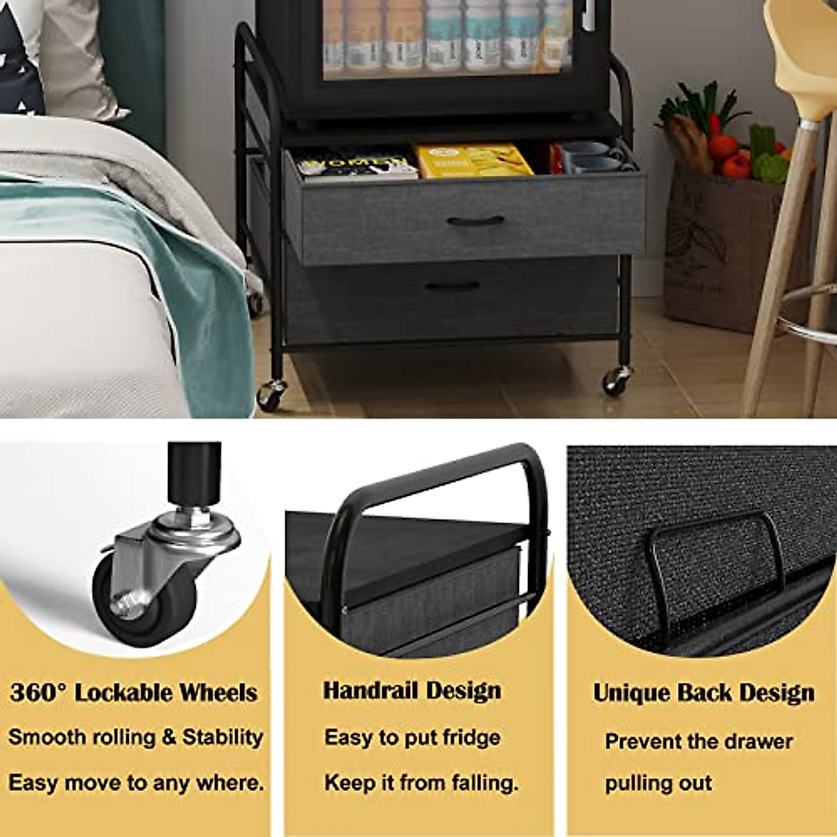 Alavoco Fridge Stand, Mini Fridge Table, 2 Drawer Fridge Cart, Mini Fridge Stand with Storage, Metal Frame Wooden Top, 4 Swivel Wheels for Home Kitchen, Black