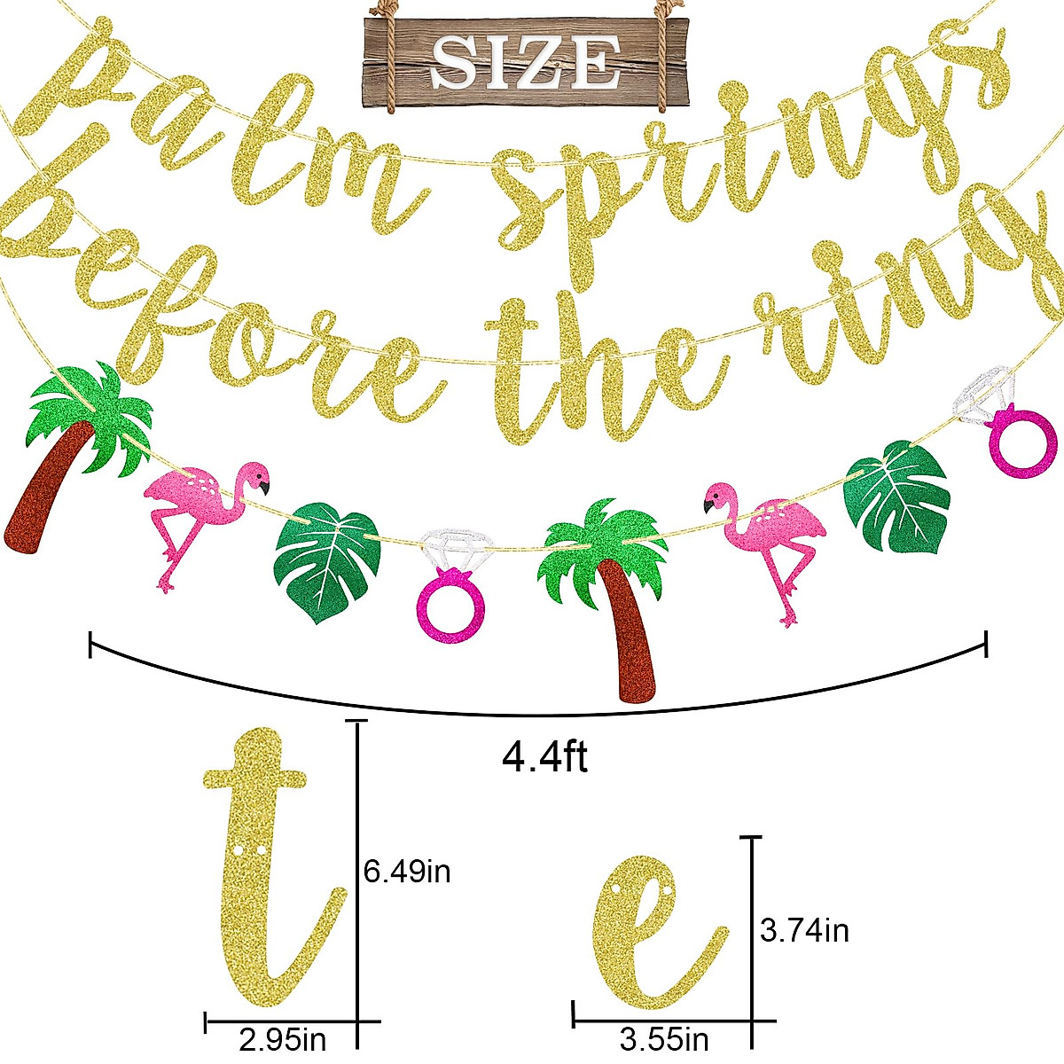 GXSOVSO Palm Springs Before the Ring Banner, Tropical Palm Bachelorette Party Decorations, Pre-strung Bridal Shower Engagement Wedding Decorations, Gold Glitter