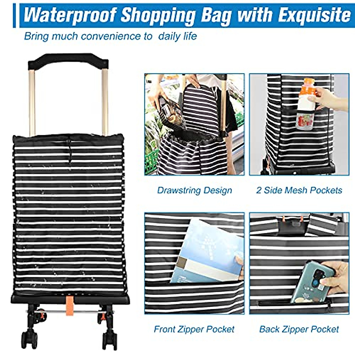 Folding Hand Truck Portable Dolly Utility Cart Rolling Crate with 4 Rotate Wheels 80KG/176Lbs Heavy Duty Handcart Removable Bag Telescoping Handle for Moving Shopping Grocery Office Use(Black&White)