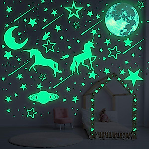1058 Pieces Glow in The Dark Unicorn Wall Decals Glowing Moon Meteors Ceiling Stickers Star Unicorn Fluorescent Wall Decors for Kids DIY Bedding Room Nursery Room Baby Shower Decoration Party