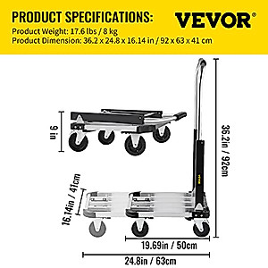 VEVOR Folding Platform Truck, Portable Hand Truck Adjustable Length, Aluminum Push Cart Telescoping Handle with 4 Wheels 330LBS Capacity for Luggage Travel Shopping