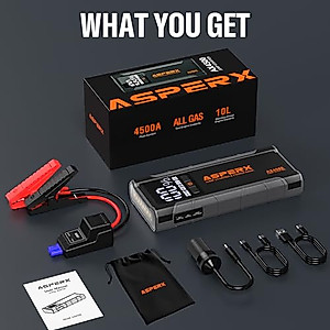 ASPERX AX4500 Jump Starter, 4500A Peak Car Jump Starter for Up to All Gas and 10.0L Diesel Engines, 12V Battery Starter with 4 Inch LCD Display, Lithium Battery Booster with Built-in LED Light