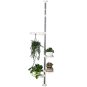BAOYOUNI Indoor Plant Pole Stand Tension Rod Hanger Window Sill Flower Display Rack Holder Adjustable Corner Vertical Storage Organizer with 3 Trays & 1 Arm for Counter Top, Ivory