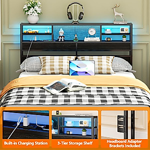 Furnulem Headboard Full Size with 3-Tier Shelf, Bookcase Storage Head Board with RGB LED Light and Charging Station,2 Outlets and 2 USB Ports,Black Wood Storage Cubbies & Metal Frame,Adjustable Height