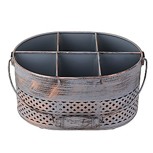 Utensil Caddy Carry – Metal All Serveware - Galvanized Metal Organizer for Kitchen Counter - Comfortable Wooden Handle /Indoor/Outdoor Storage For Flatware, Condiments, Party Cutlery, Arts - Rustic Grey Cooper