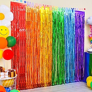 LOLStar Rainbow Foil Fringe Curtains, 2 Pack Rainbow Party Decorations 3.3x6.6ft Tinsel Metallic Streamers Holiday Photo Booth Props Backdrop for Birthday Wedding Engagement Bridal Shower Unicorn