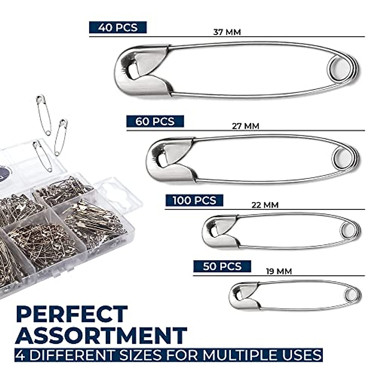 250 Pack Safety Pins by Luxurecourt, 4 Assorted Sizes of Durable, Silver Small and Large Safety Pins Bulk, Rust-Resistant Nickel Plated Steel, Sharp Edge Safety Pins for Clothes, Sewing, Arts & Craft
