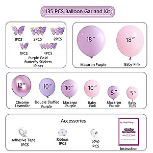 Monlot Baby Shower Decorations for Girl 135 Pcs Pink Purple Balloon Garland Kit Metallic Lavender Balloon Arch Double Stuffed Balloons Butterfly Stickers for Wedding Birthday Party Decorations