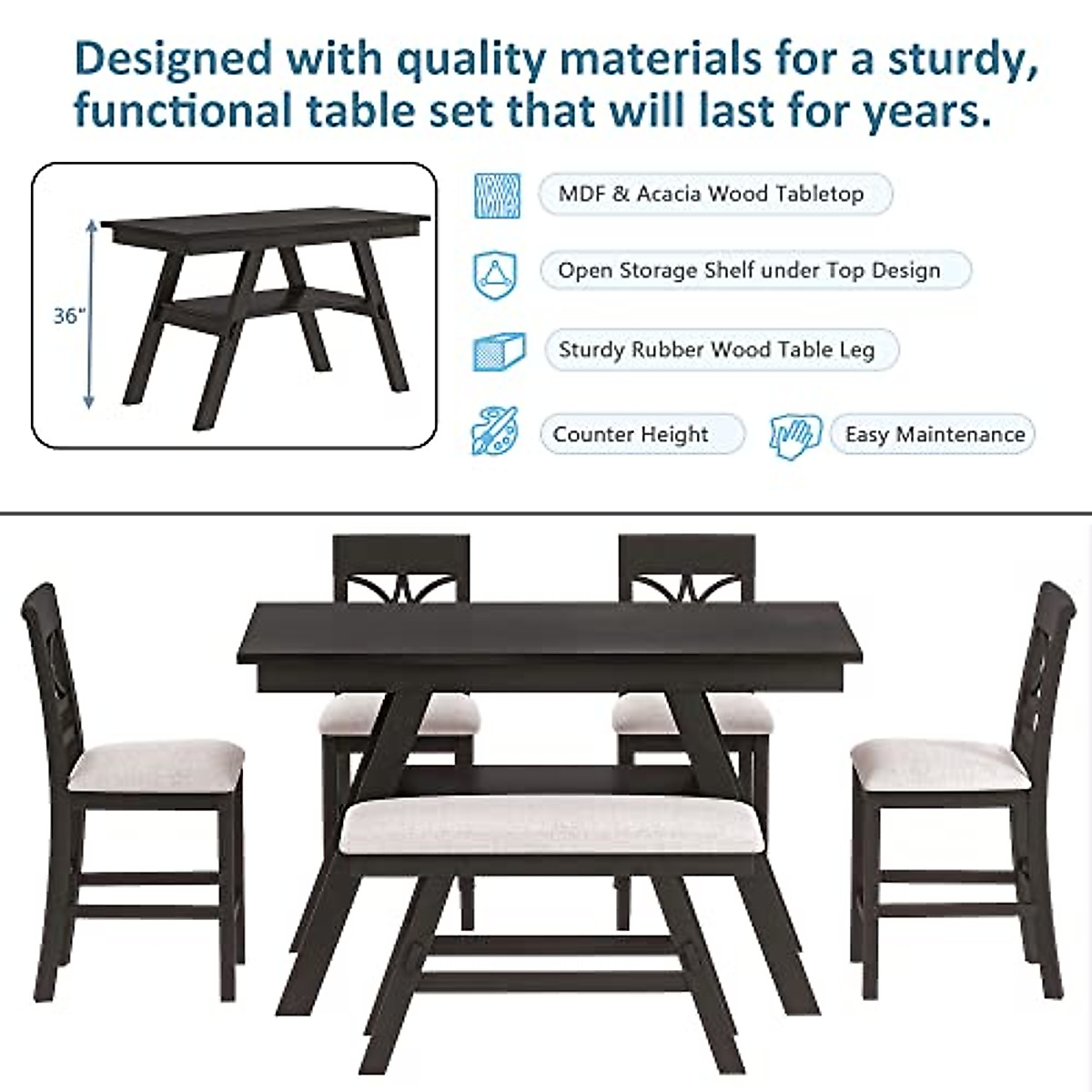 Farmhouse Counter Height 6-Piece Dining Set, Heavy Solid Wood Kitchen Dining Room Table Set, 60 in Triangular Design Bar Table with Storage Shelf, Bench and 4 Chairs with Soft Cushion (Espresso)