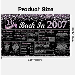 Vlipoeasn Sweet 16 Birthday Decorations for Girls, Purple and Black Glitter Back in 2007 Birthday Backdrop Banner, 70.86 x 43.3Inch Pink 16 Years Old Party Poster Supplies