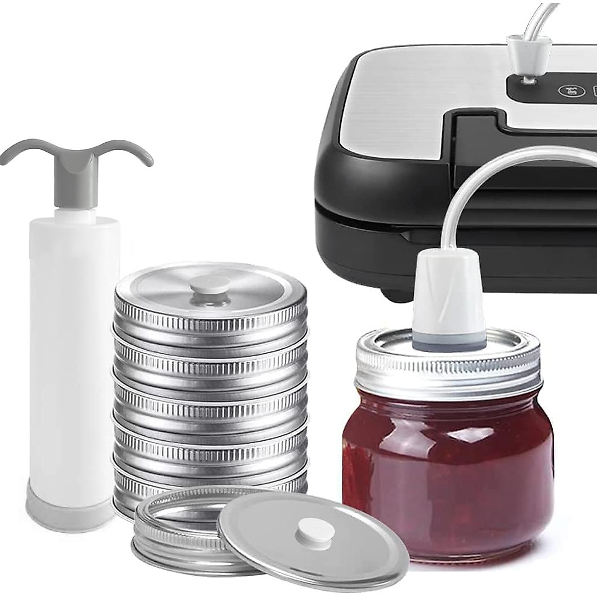 SOCTKE Mason Jar Vacuum Sealer Set,6PCS Stainless Steel Lid SplitType with Vacuum Valve,with Leak proof & Airtight Seal Features,Use for Food StorageFreshFermentation(with Hose and Manual Vacuum