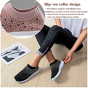 Dimleen Womens Rhinestones Glitter Fashion Mesh Walking Shoe Breathable Slip-on Loafers Non-slip Orthopedic Arch Support Sock Sneaker (black,10,Women,10)
