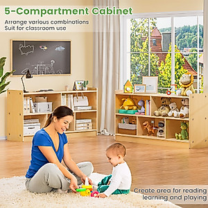 Oirfaxs Montessori Shelf 5-Section Wooden Storage Cabinet, 2-Shelf Toy Storage Organizer, Kids Classroom Bookcase Storage Organizer, Book Shelves for Kids Room, Nursery, Playroom Daycare Furniture