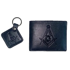 Mens RFID Blocking Bifold Wallet with Matching Key Chain- Gift Set Masonic (Black)