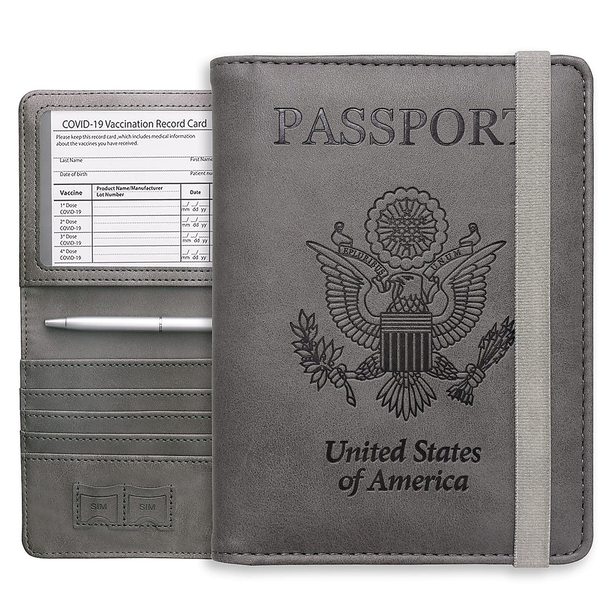 WALNEW Passport Holder Wallet, RFID Blocking Passport Cover Case PU leather Card Holder with Pen and Clear Card Slot for Women Men, Gray