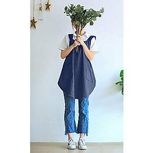 losofar Soft Cotton Linen Apron Cross Back X-Shaped Japanese Style Pinafore Dress for Cooking, Housewarming, Daily Chores (darkblue, (28.3"x 35.4"))