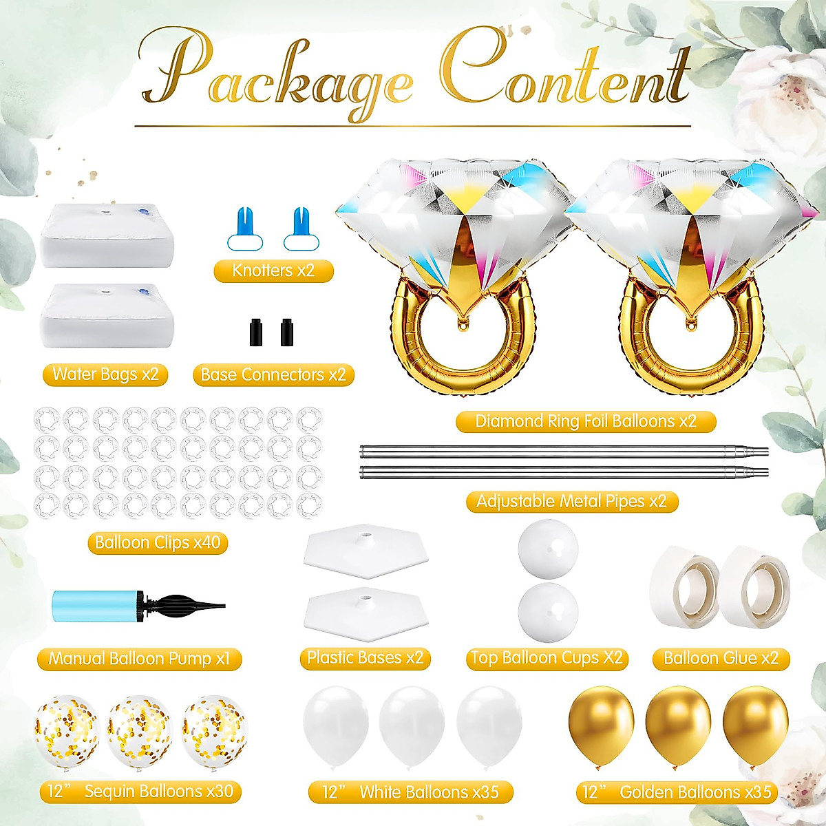 Realspring 2 Sets Diamond Ring Balloon Column Stand Kit with 2 Ring Foil Ring Balloons 100 Latex Balloons, Adjustable Balloon Stands White and Gold Balloon Arch for Bridal Shower Wedding Engagement