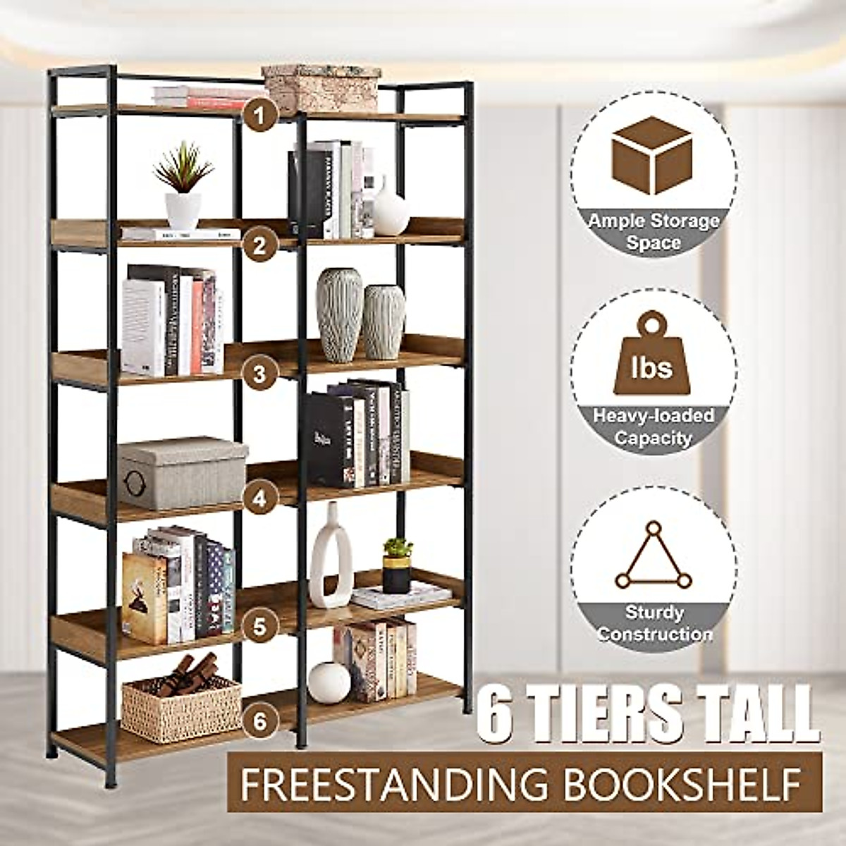 MENGK 70.8 Inch Tall Bookshelf MDF Boards Stainless Steel Frame, 6-Tier Shelves with Back&Side Panel, Adjustable Foot Pads, Brown