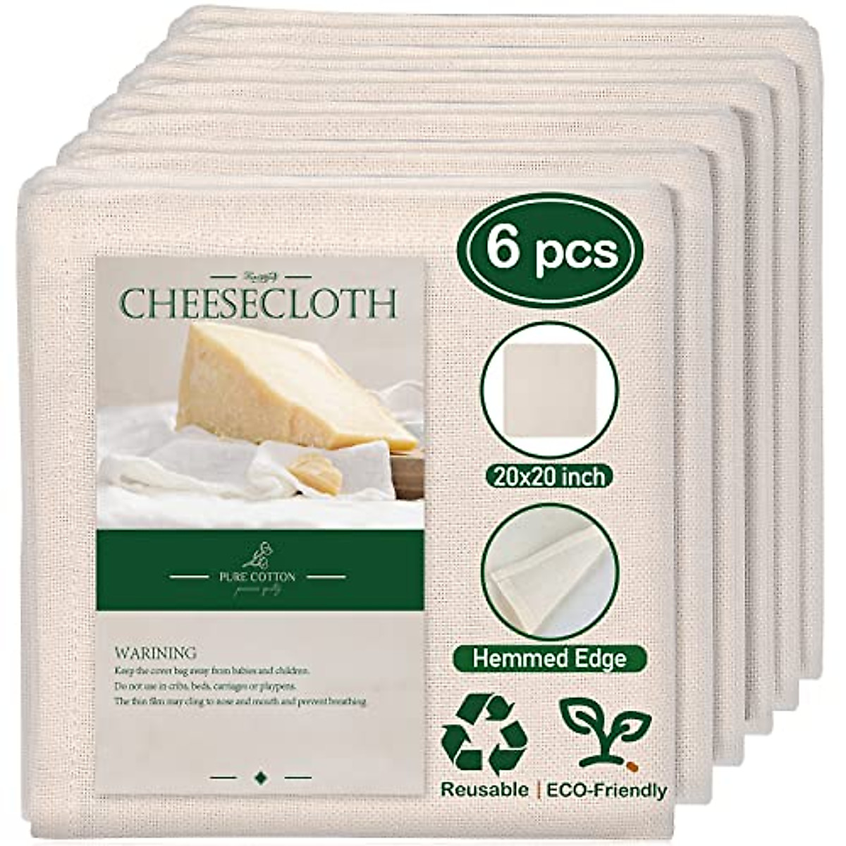 6 PCS 20x20 Inch Hemmed Cheesecloth, Grade 100, 100% Unbleached Cotton Fabric Ultra Fine Reusable Muslin Cloth for Straining, Cooking, Baking, Home