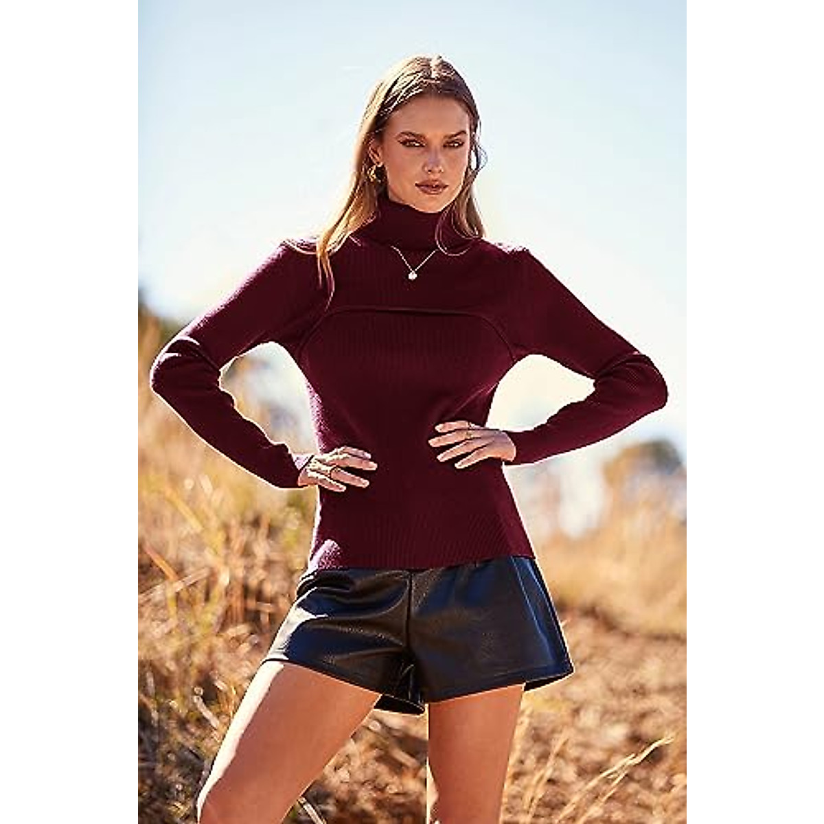 PRETTYGARDEN Women's Fall Fashion Turtleneck Pullover Sweaters Casual Long Sleeve Cable Knit Fitted Jumper Tops (Wine Red,Medium)