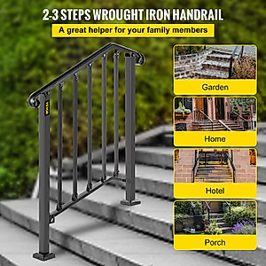 Happybuy Handrails for Outdoor Steps, Fit 2 or 3 Steps Outdoor Stair Railing, Picket#2 Wrought Iron Handrail, Flexible Porch Railing, Black Transitional Handrails for Concrete Steps or Wooden Stairs
