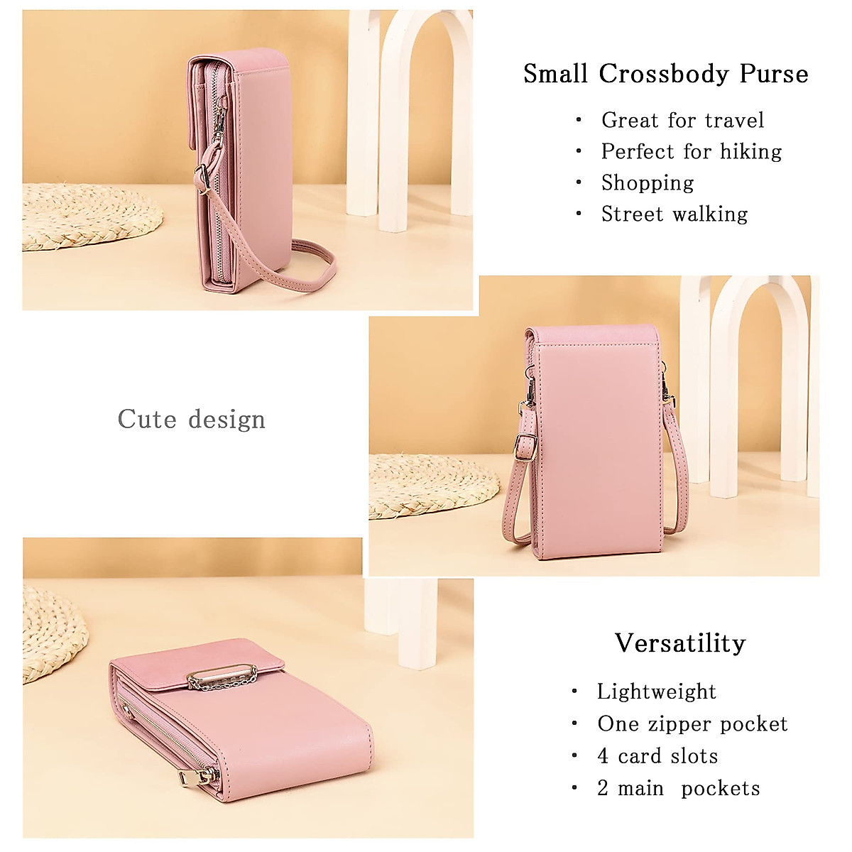 Aovtero Small Cell Phone Crossbody Purse for Women Mini Shoulder Handbag Wallet with Credit Card Slots (Pink)