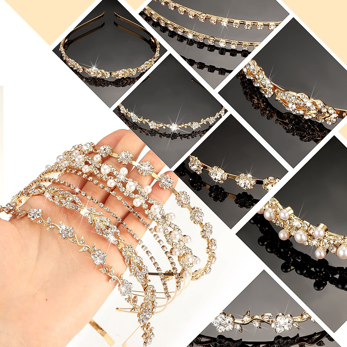 XunYee 5 Pieces Rhinestones Wedding Headbands Flower Leaves Crown Headband Wedding Hair Accessories for Brides Women Party(Gold)