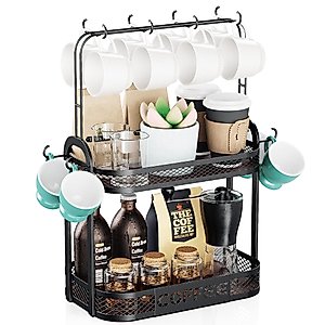 BEGULF 2 Tier Coffee Cup Holder for Countertop, Mug Holder with 12 Hooks, Vintage Coffee Mug Rack with Shelf, Coffee Mug Organizer for Coffee Bar Accessories, Suitable for Home, Office (Large)
